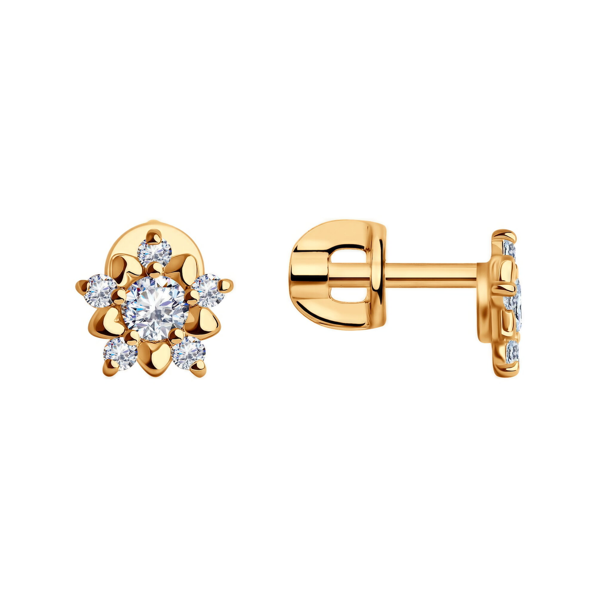 Серьги пусеты, серебро, 925 проба, золочение, фианит