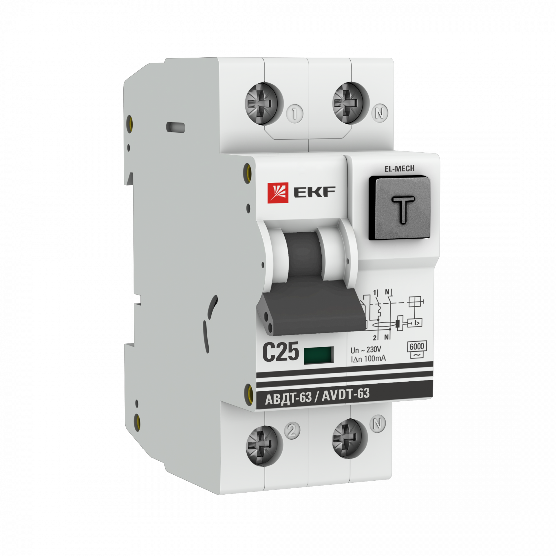 Дифференциальный автомат АВДТ-63 25А/100мА (характеристика C, эл-мех тип AС) 6кА PROxima , EKF DA63-25-100EM-AC (1 шт.)