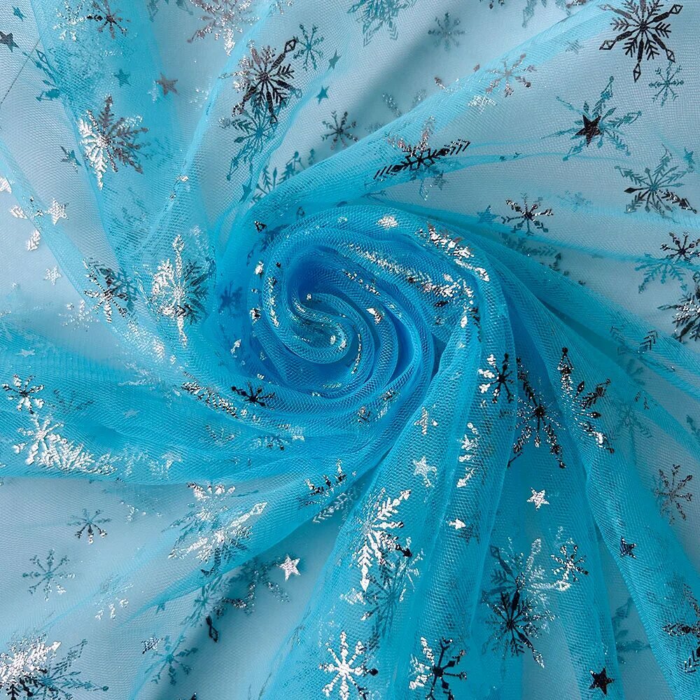 Тюль голубой "Snowflake Blue" с снежинками 150x90 см