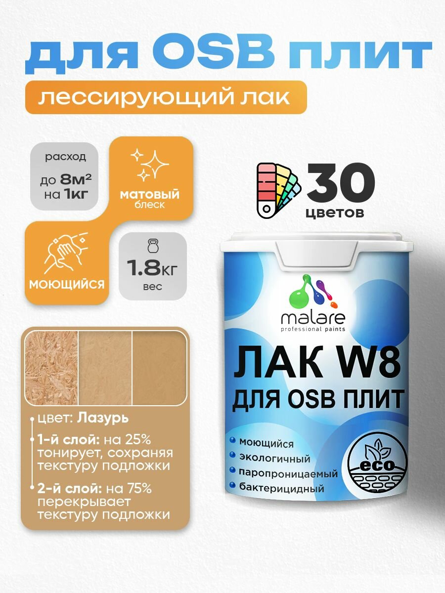 Лак колерованный тонирующий для защиты ОСБ плит Malare W8 для дерева и минеральных поверхностей, паропроницаемый водный без запаха, матовый, лазурь, 1.8 кг.