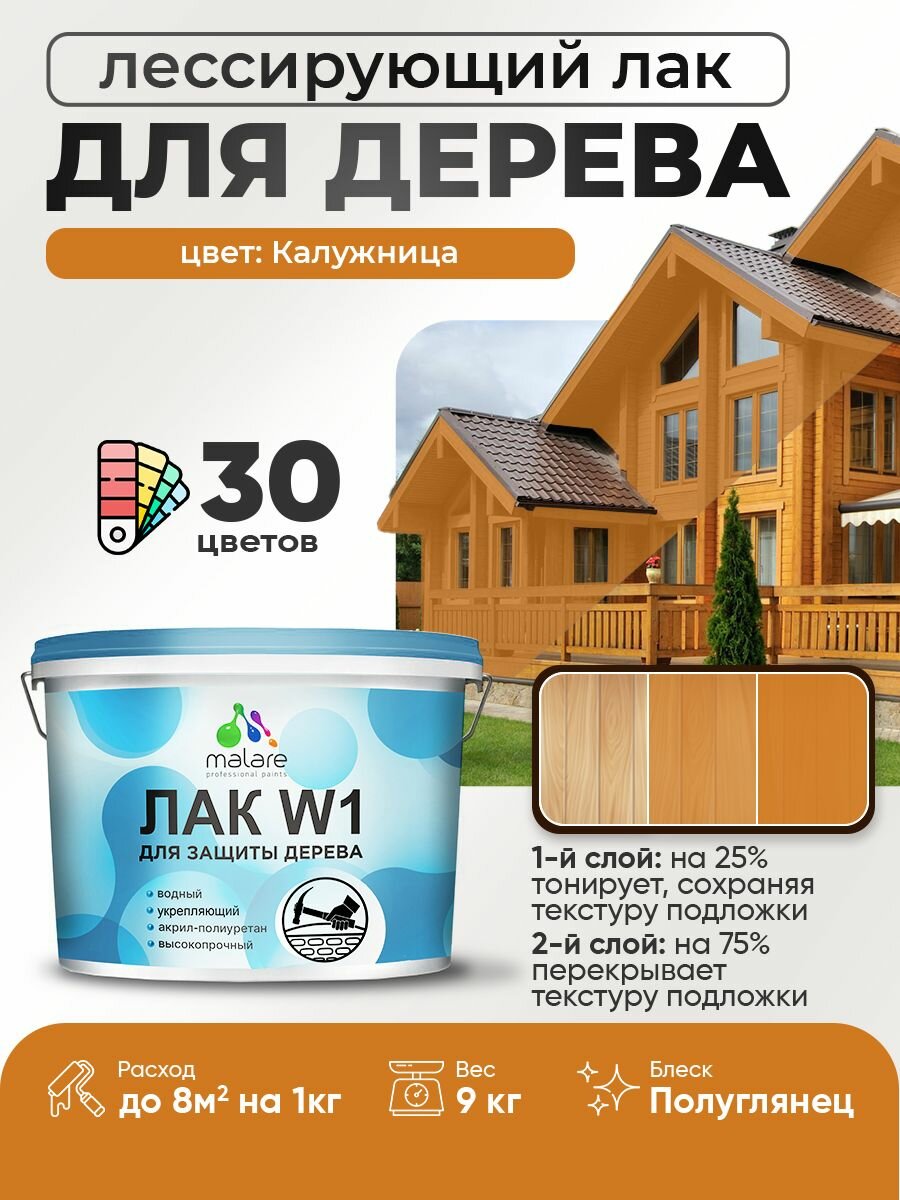 Лак колерованный тонирующий для дерева Malare W1 для деревянных и минеральных поверхностей, моющийся без запаха быстросохнущий, полуглянцевый, калужница, 9 кг.