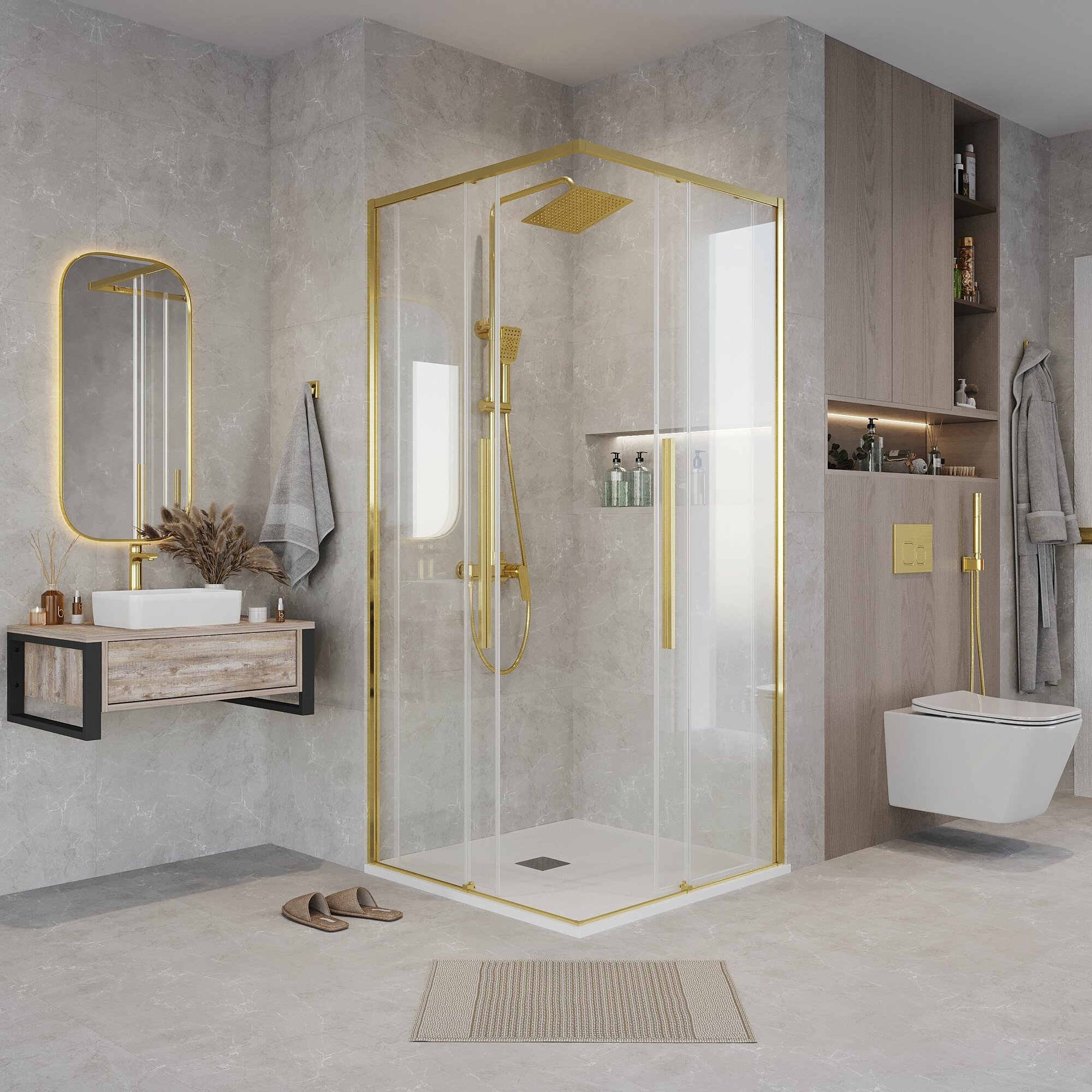 Душевое ограждение Grossman Galaxy 300. K33.01.9090.32.00 (90х90х195) квадрат, раздвижная, золото сатин, стекло прозрачное, 1 место