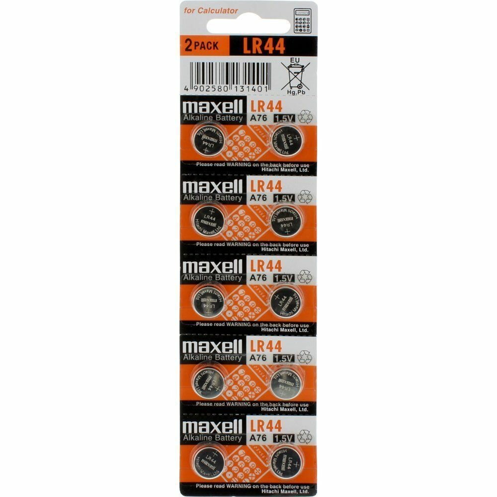 Батарейка (10шт) для часов Maxell LR44 (L1154, AG13, A76) 1.5В щелочная (алкалиновая) (бл10)