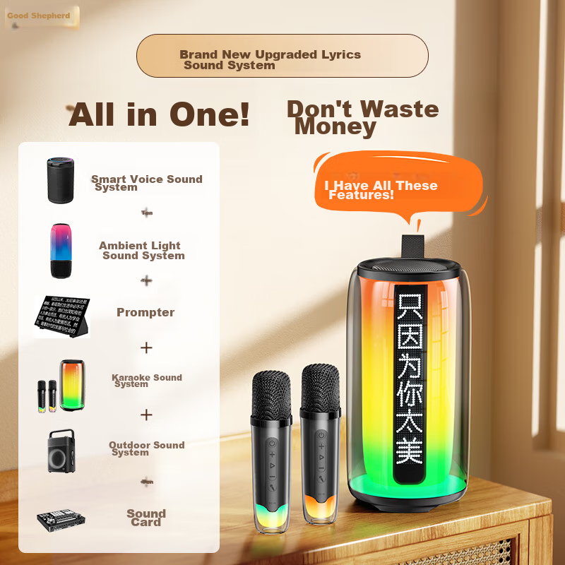 Good Shepherd Microphone Speaker All-In with Built-In Sound Card, Karaoke Microphone, Home KTV Sound System Set, Wireless Bluetooth Speaker, Singing Device, Integrated TV Karaoke with Lyrics Display