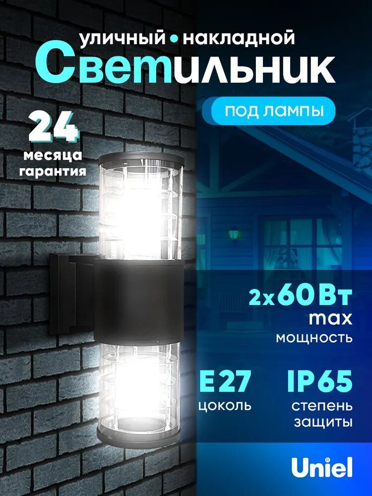 Светильник уличный, настенный, под лампу с цоколем E27, 2x60Вт, IP65, Uniel