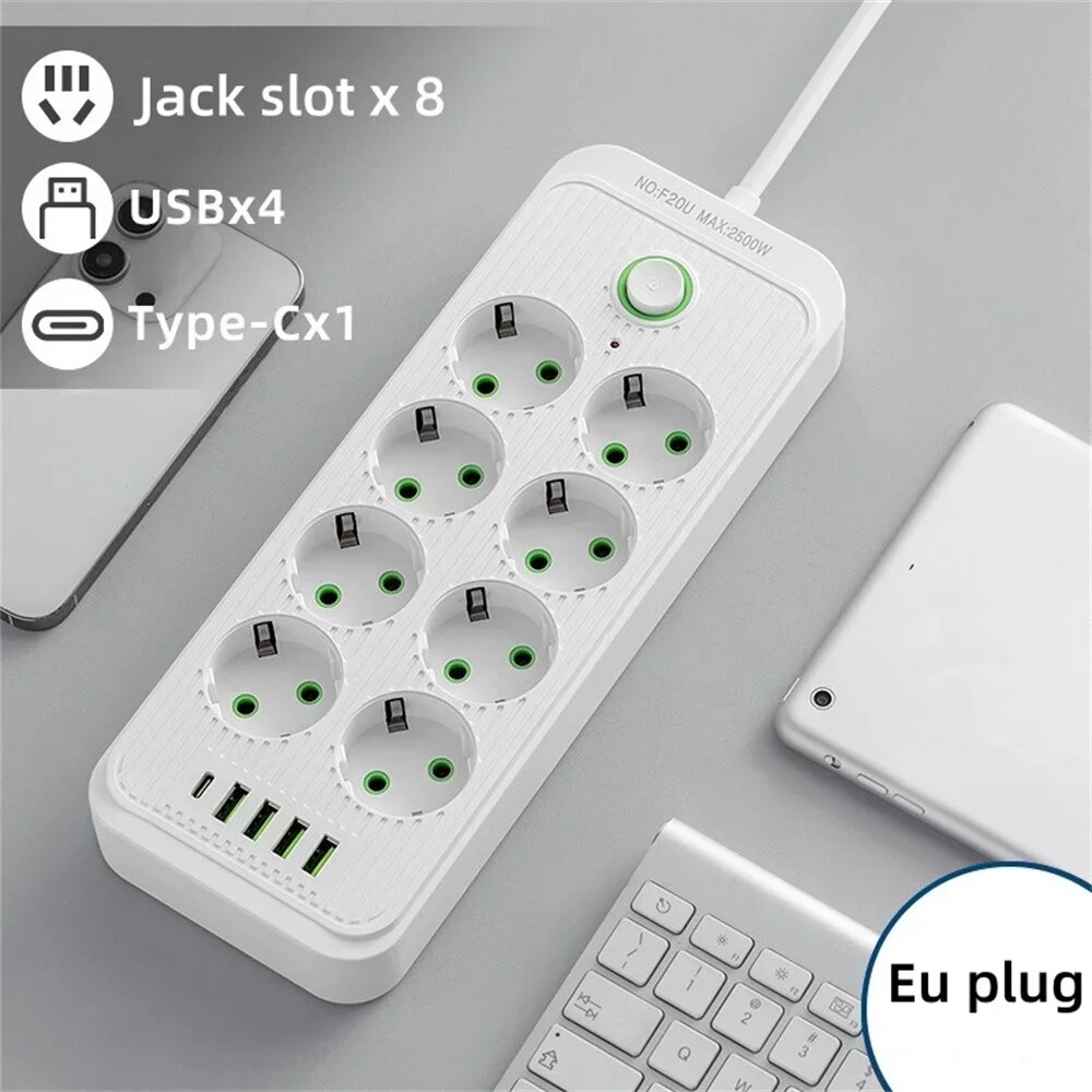 Европейская розетка с удлинителем, 6 розеток, 4 USB, 1 Type-C, 2 м White 8 Ports