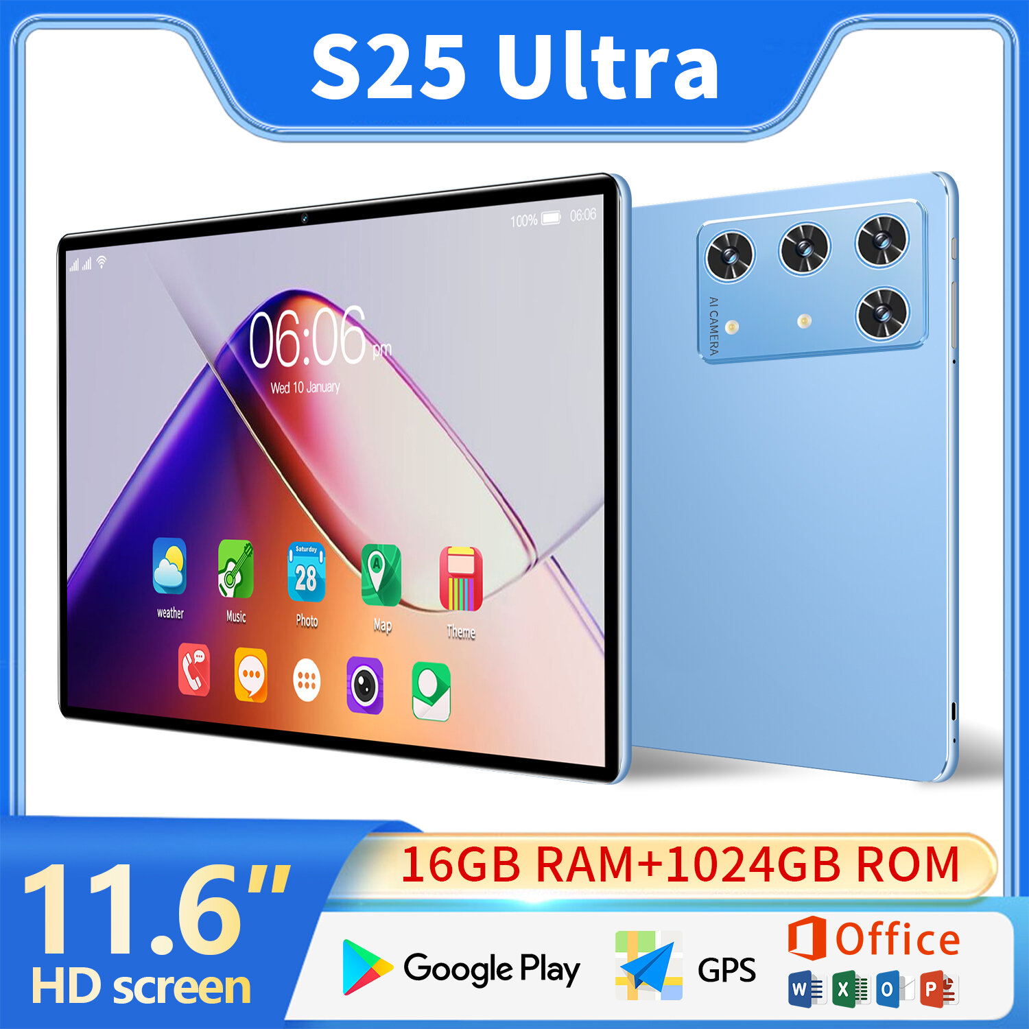 Планшет S25 Ultra, 11,6", 16GB/1TB, Android, клавиатура, стилус, синий