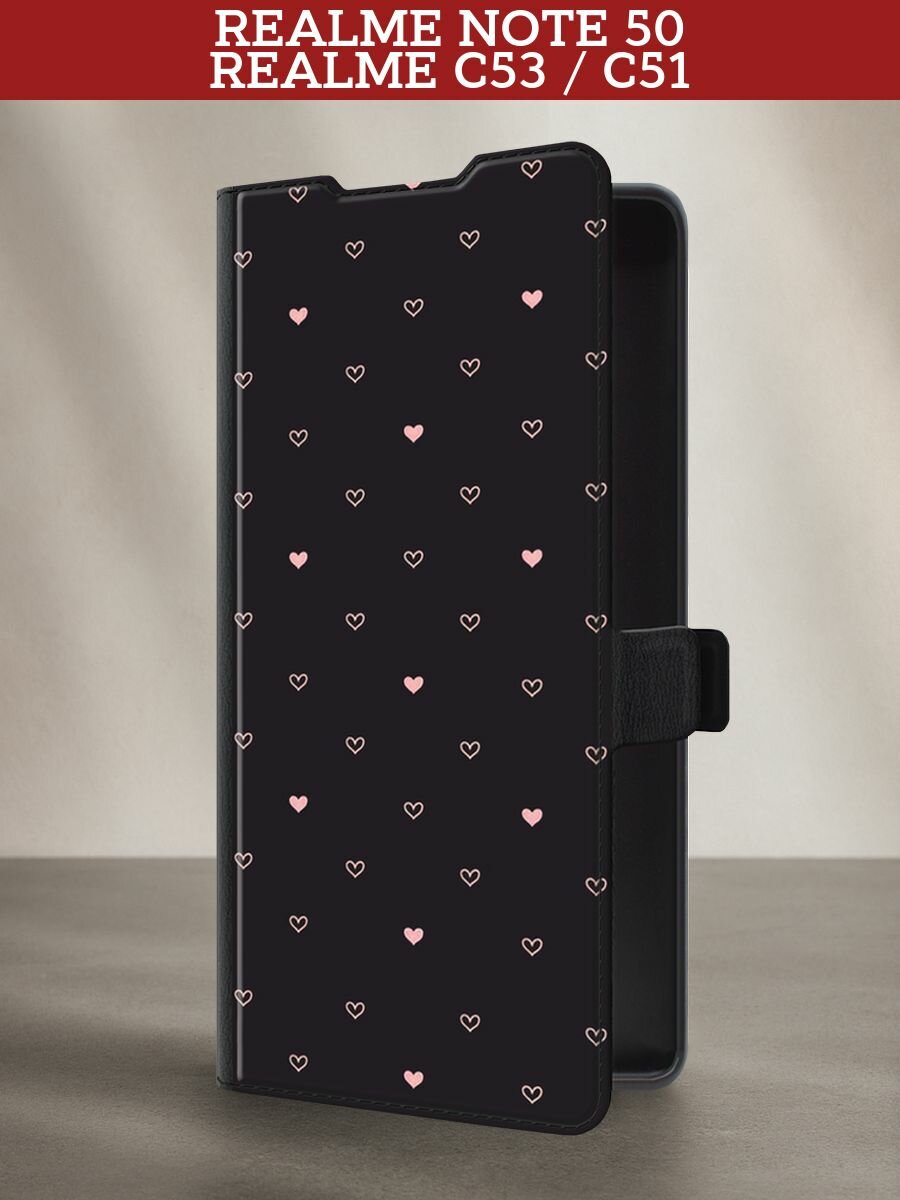 Чехол-книжка на Realme C53/C51/Note 50 / Реалми С53/С51/Ноте 50 с рисунком "Черный фон и сердечки"