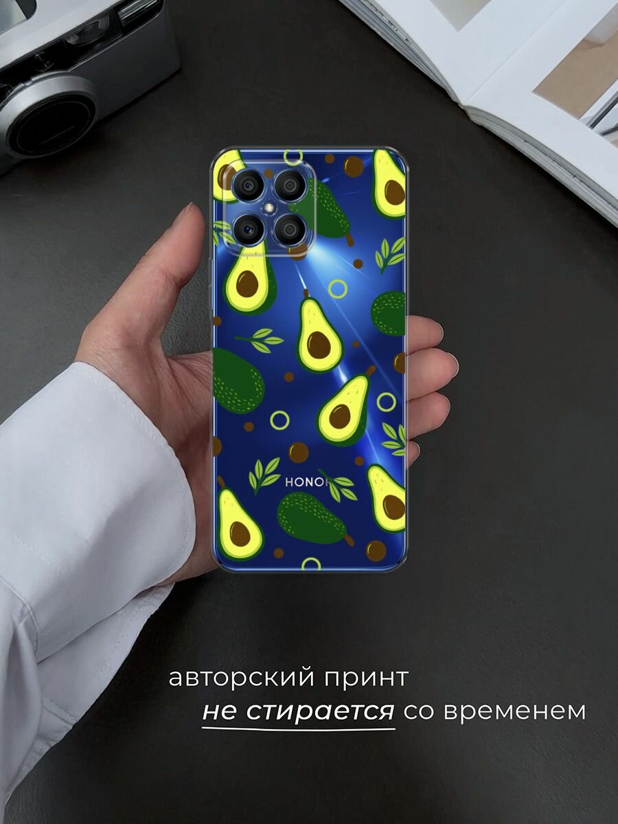 Чехол на Honor X8 / Хуавей X8 с принтом "Авокадо паттерн", прозрачный — фото 1