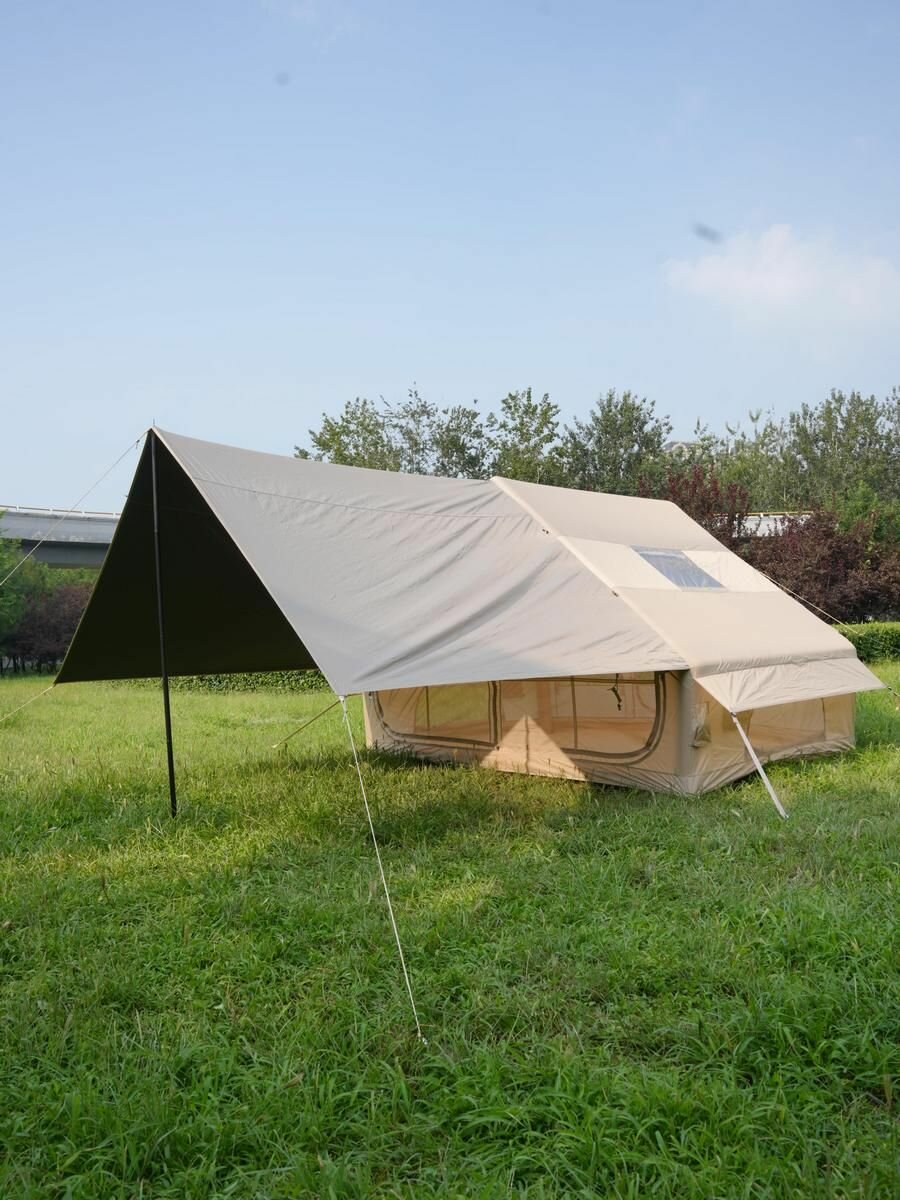 Палатка-дом туристическая надувная пневмокаркасная с козырьком Оксфорд, 300D, бежевая