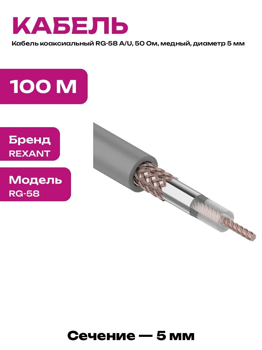 Антенный кабель RG-58 A/U, 50 Ом, экран Cu Al Cu, цвет серый