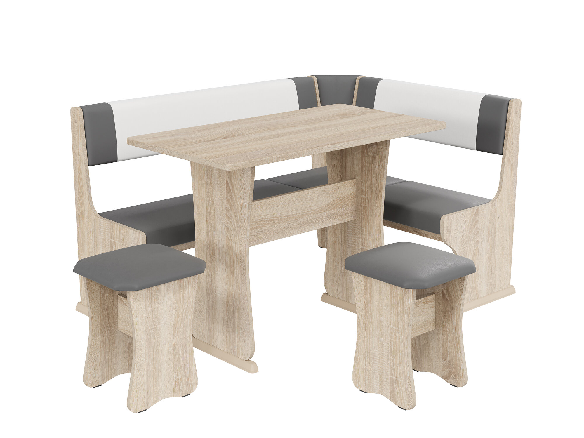 Кухонный уголок BONMEBEL Карелия Тип 1, ЛДСП Дуб Сонома светлая/КЗ Серый-Белый (Нитро грей-Милк), универсальный угол сборки, 150х110х80см