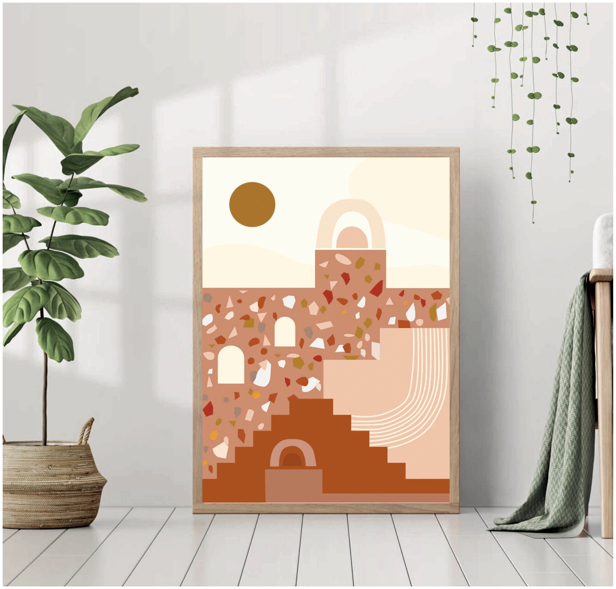 Постер "Каменная стена с лестницей. Минимализм. Стиль бохо" 50x70 без рамки на стену для интерьера