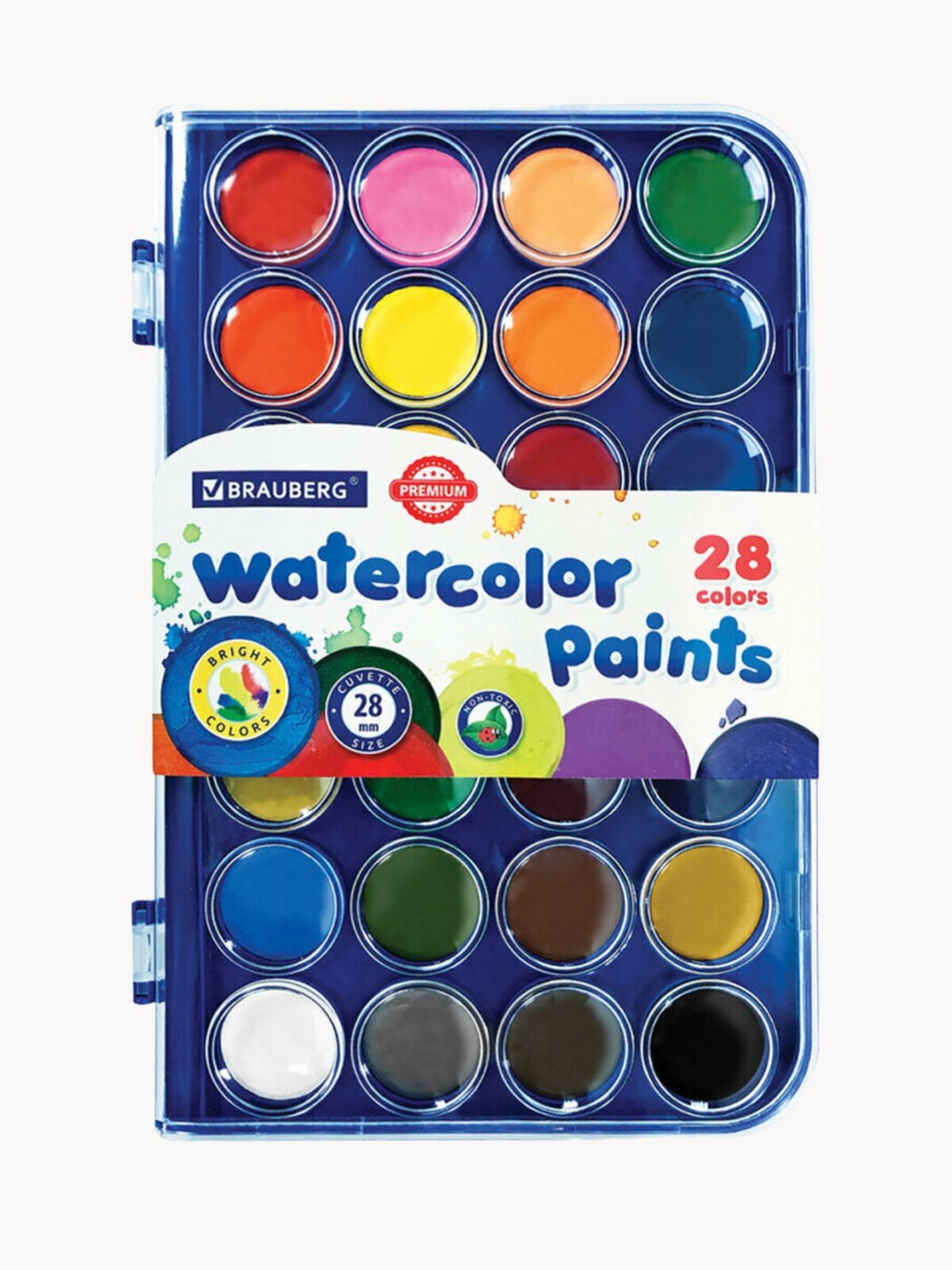 Краски акварельные для рисования сухие Brauberg Premium 28 цветов, круглые кюветы 28 мм, 191745