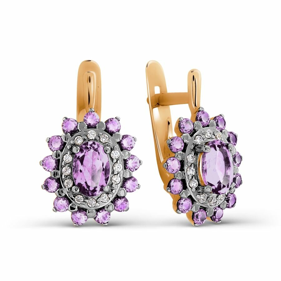 Серьги, красное золото, 585 проба, аметист, фианит