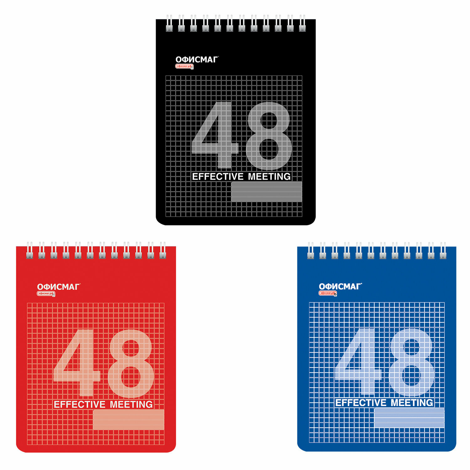 Блокнот малый формат А6 108х146 мм, 48 л, гребень, мелованная картонная обложка, клетка, офисмаг, 3 вида, 121832 (упаковка 4 шт.)