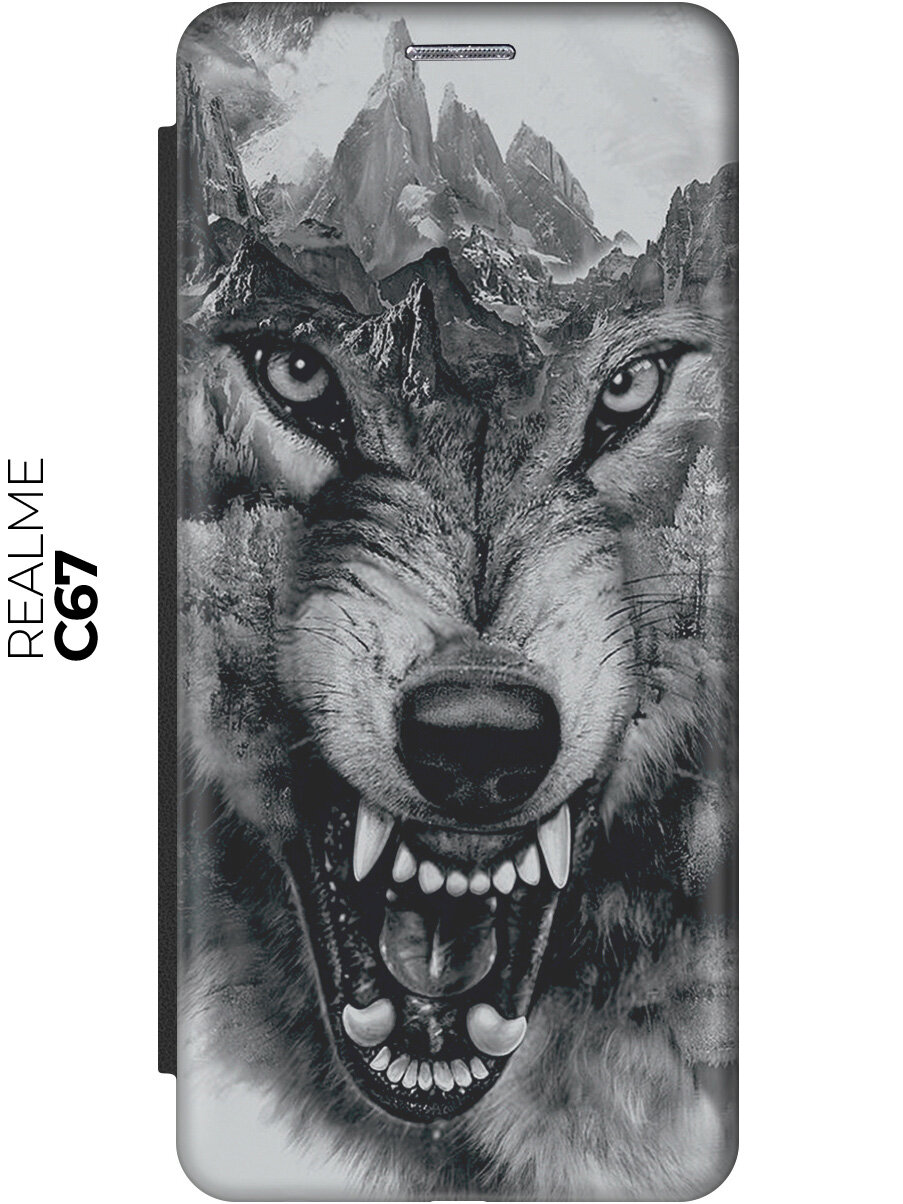 Чехол-книжка на Realme C67 / Рилми С67 с рисунком "Волк в горах" черный