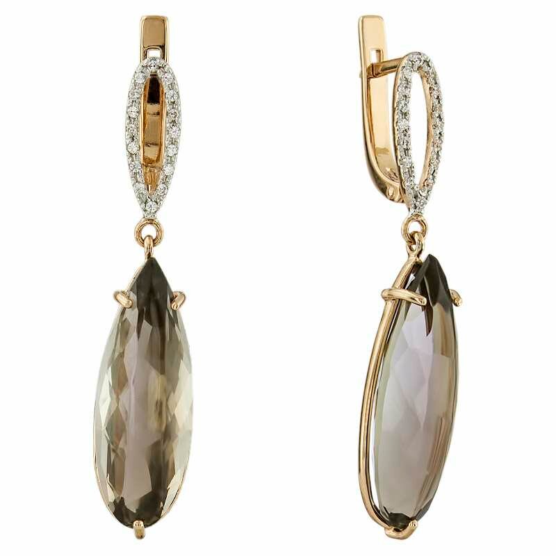 Серьги, красное золото, 585 проба, раухтопаз