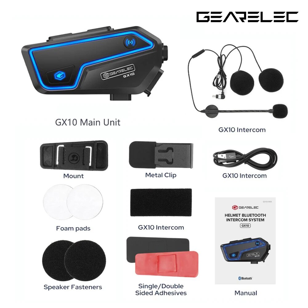 GEARELEC GX10 Bluetooth-гарнитура для мотоциклетного шлема, домофон дальностью 1200 м, наушники для мотопереговорных телефонов для 2–10 гонщиков FM 1PC