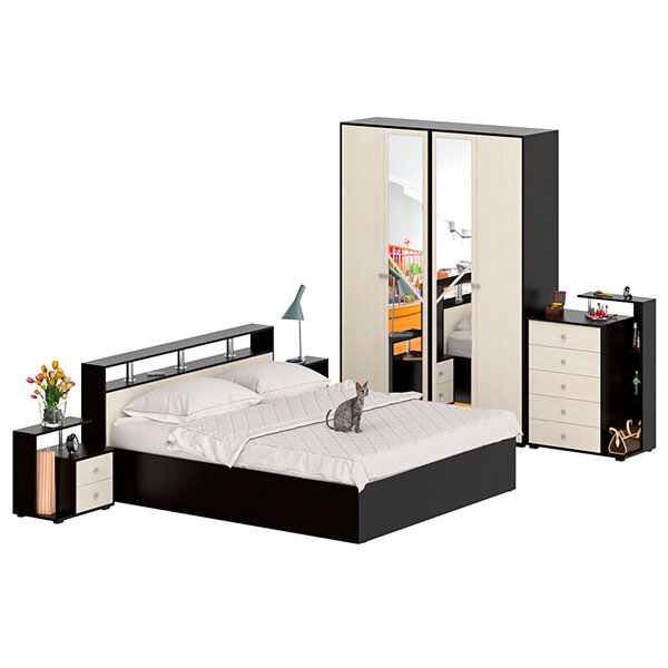 Спальня Камелия № 4 Кровать 1800 + Две тумбы + Комод + Шкаф 4-х створчатый, цвет венге/дуб лоредо, сп. м. 1800х2000 мм, б/м, основание есть