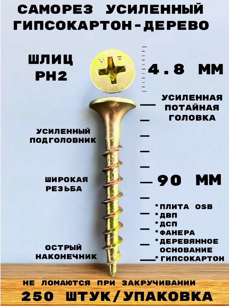 Саморез HIMTEXfix 4,8х90 мм гипсокартон/дерево, оксидированный, усиленный с потайной головкой, желтый цинк, 250 шт/упаковка
