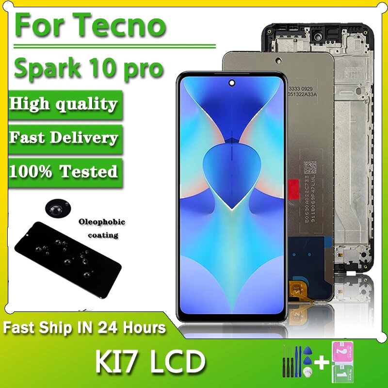 ЖК-дисплей 6,8 дюйма для Tecno Spark10 Pro 10Pro, ЖК-дисплей для Tecno Spark 10 Pro KI7, сенсорный экран с дигитайзером в сборе Black With Frame