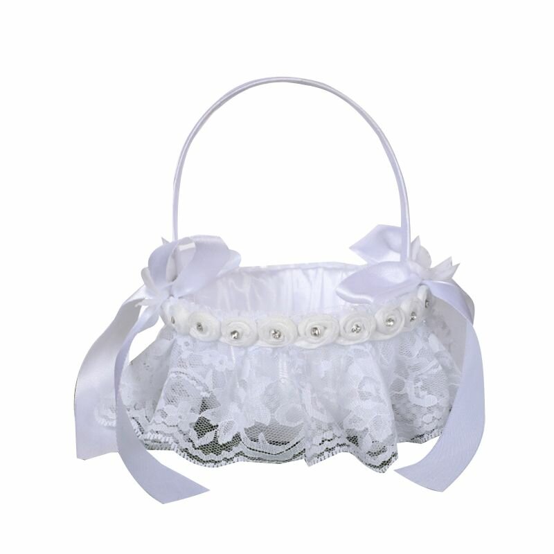 Корзина для девочек-цветочниц на свадьбу, маленькая белая атласная корзина с кружевом, страусиный пух, искусственный жемчуг, банты, цветы, разные стили