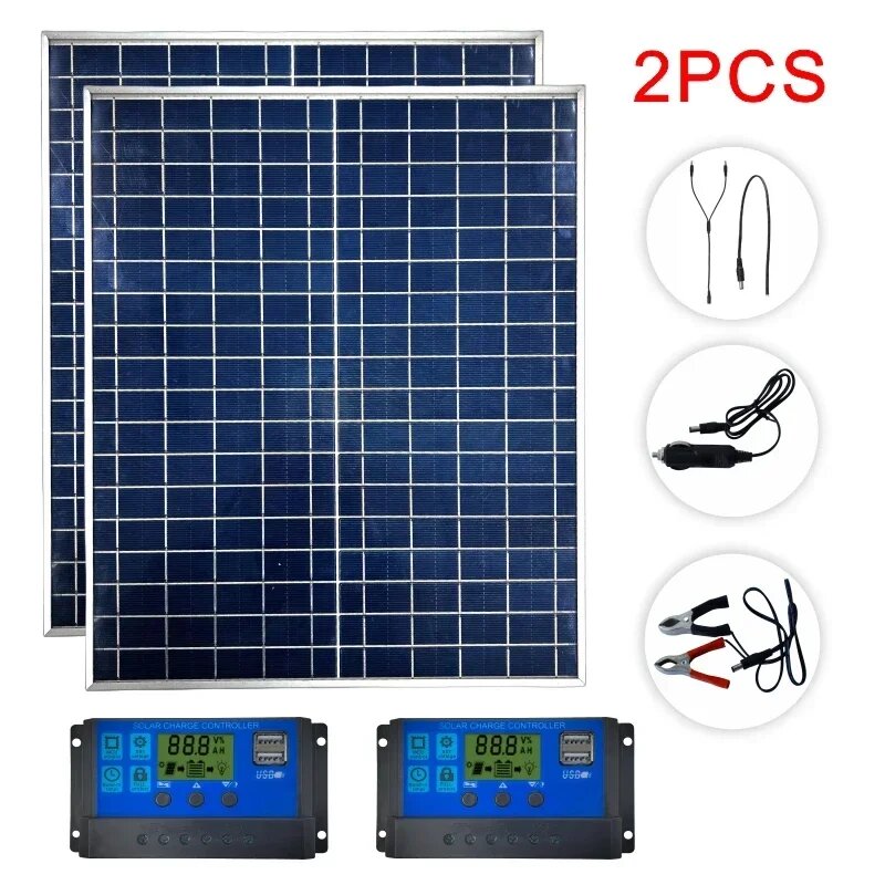 Солнечный комплект 100W, 2 панели, контроллер 12В