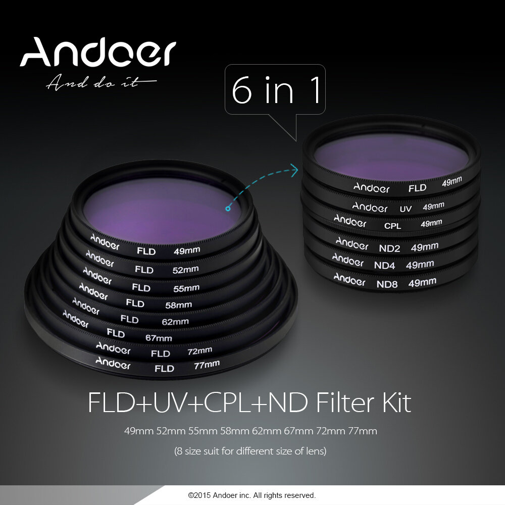 Andoer 67 мм UV+CPL+FLD+ND(ND2 ND4 ND8) Комплект фильтров для фотосъемки, ультрафиолетовый круговой поляризационный флуоресцентный фильтр нейтральной плотности для цифровых зеркальных фотокамер