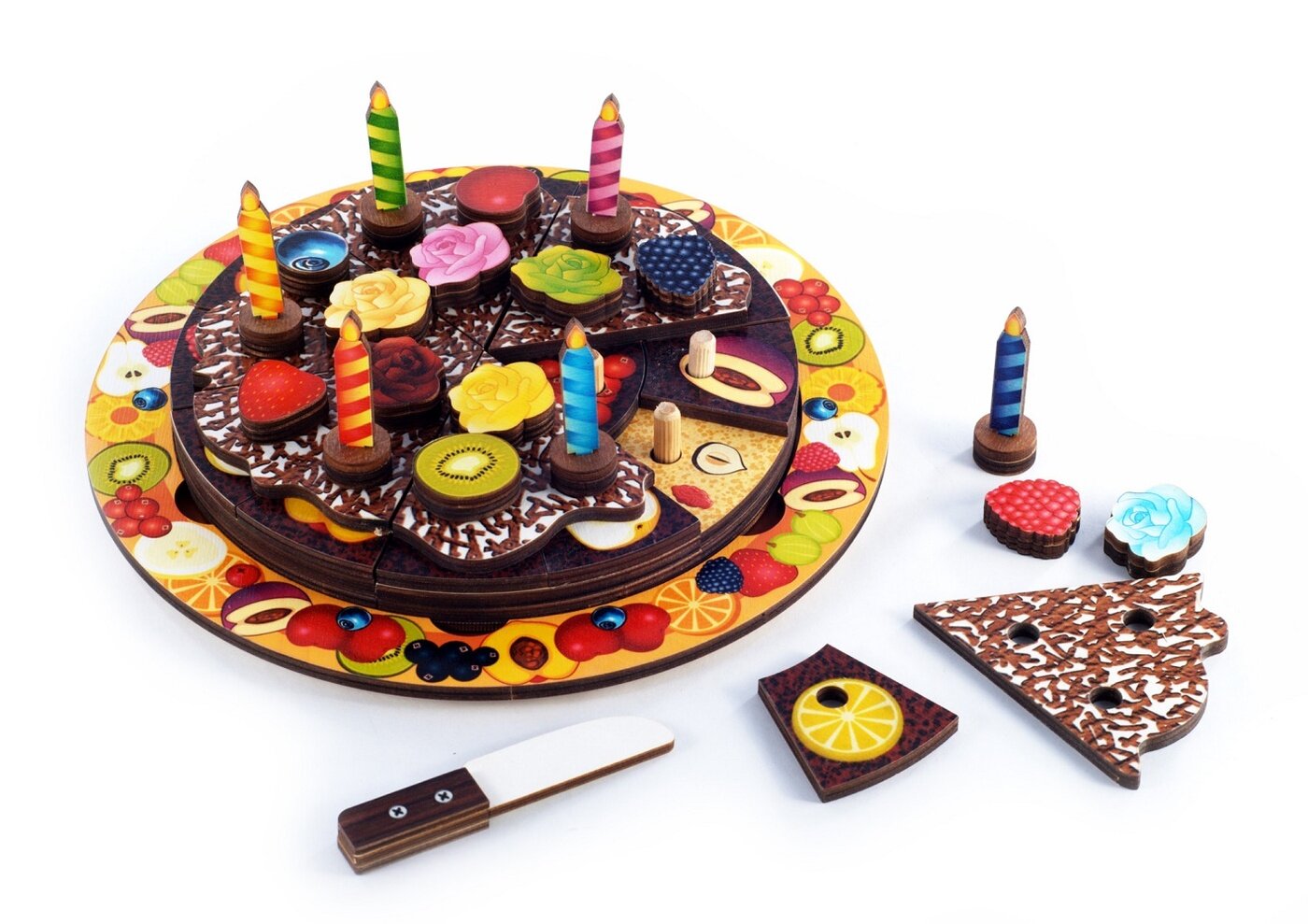 Развивающая настольная игра "Деревянный торт" из 5 слоев, учим продукты, развиваем воображение и мелкую моторику, 54 элемента из дерева, основа со штырьками