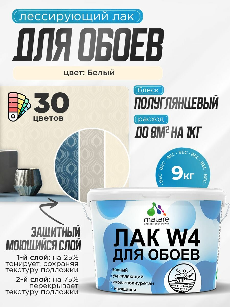 Лак колерованный тонирующий для защиты обоев Malare W4 универсальный для дерева и минеральных поверхностей, водный без запаха быстросохнущий, полуглянцевый, белый, 9 кг.