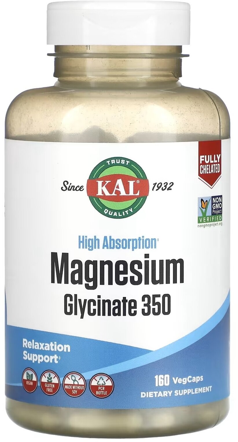 Таблетки глицинат магния KAL Magnesium Glycinate, 350 мг, 160 шт.