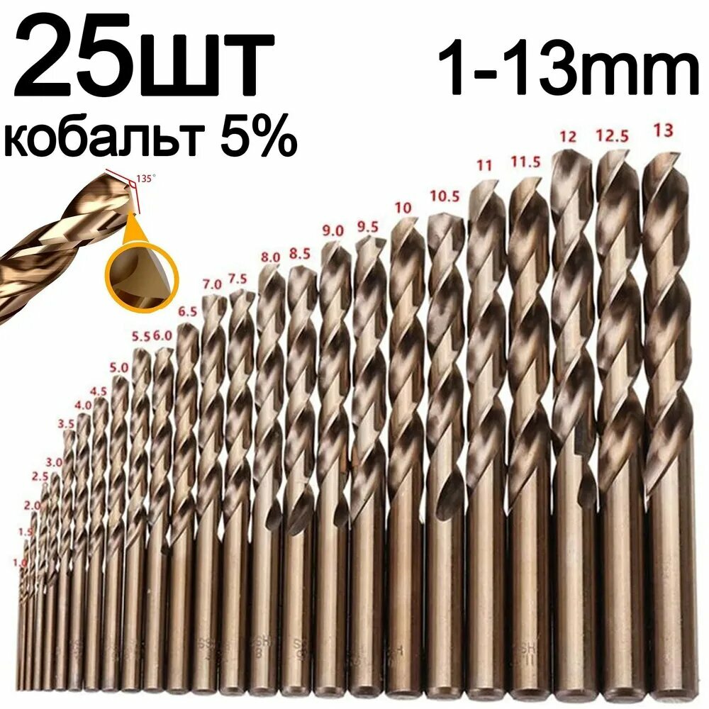 Набор кобальтовых сверл по металлу , M35 HSS Co 5%, 25 шт. 1-13 мм