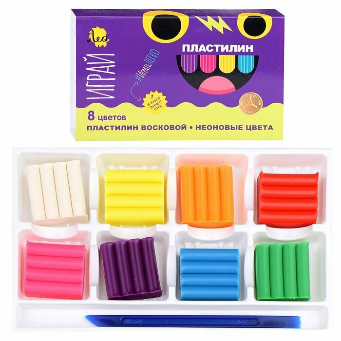 Лео Играй Пластилин восковой неоновые цвета 8 шт 96 г в картонной упаковке LPMCF-0108-NN16