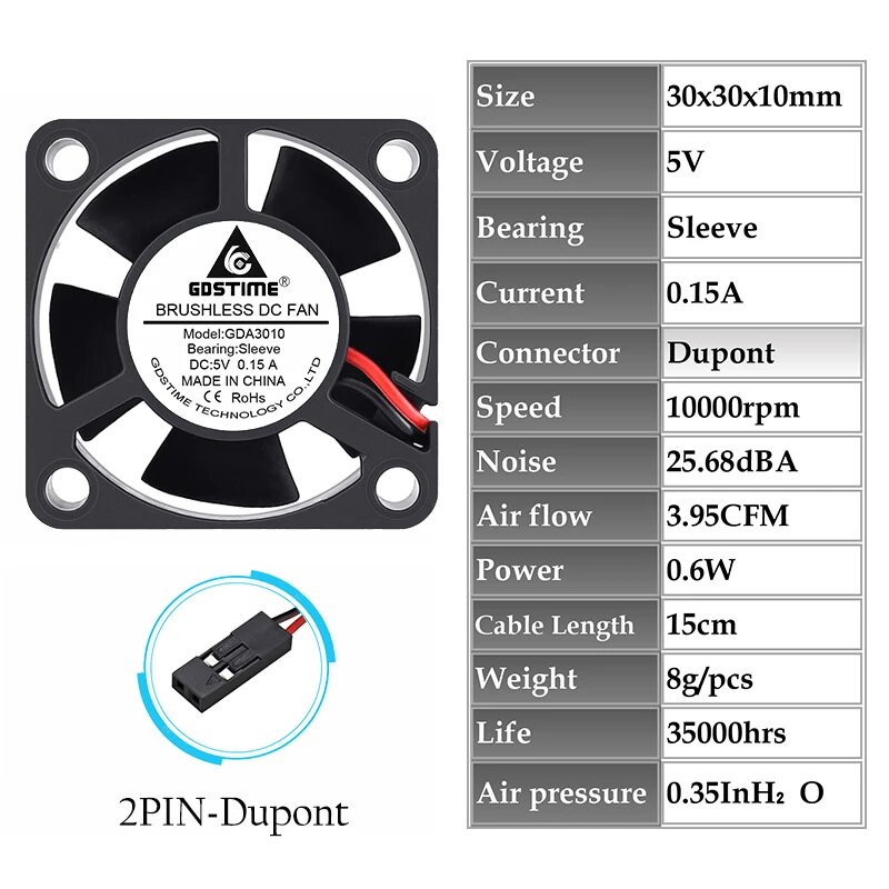 Gdstime GDA3010 30x30x10 мм, 5V, Sleeve, Dupont