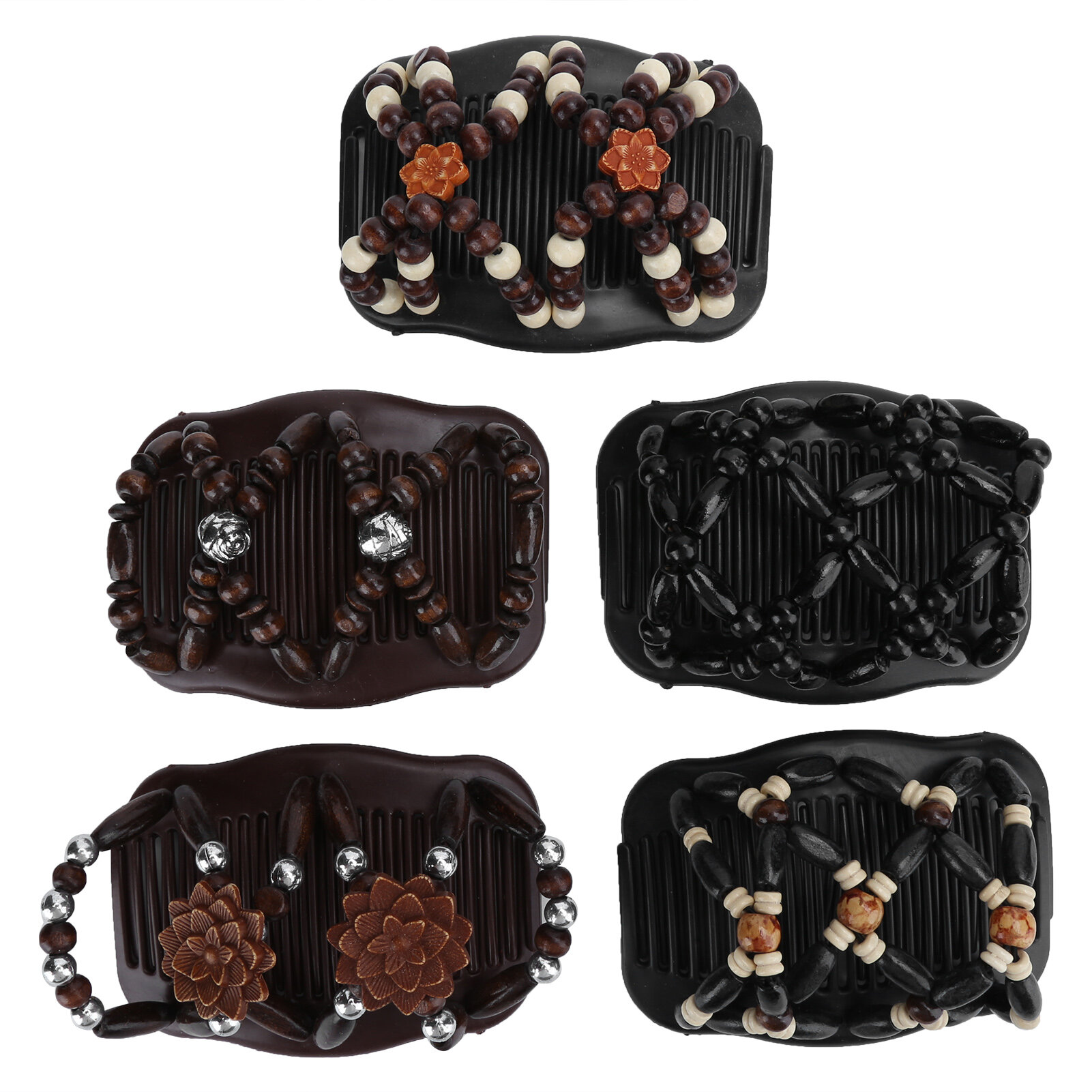 5 шт. деревянных бусин, двойная расческа для волос, эластичные женские аксессуары для волос, инструмент для укладки волос