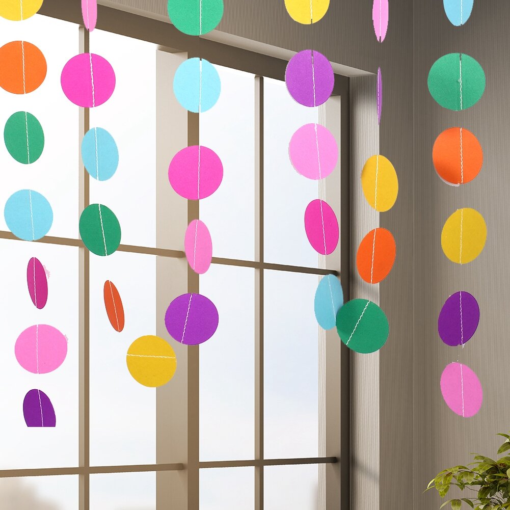 Гирлянда из бумажных круглых точек для декорации в виде струны длиной 4M, радужная цветовая (семь цветов), круглой формы, диаметр круга 5см, между кругами 2см, вес 24г, из бумаги, новая, высокого качества, для вечеринок, свадеб, классных комнат, детских