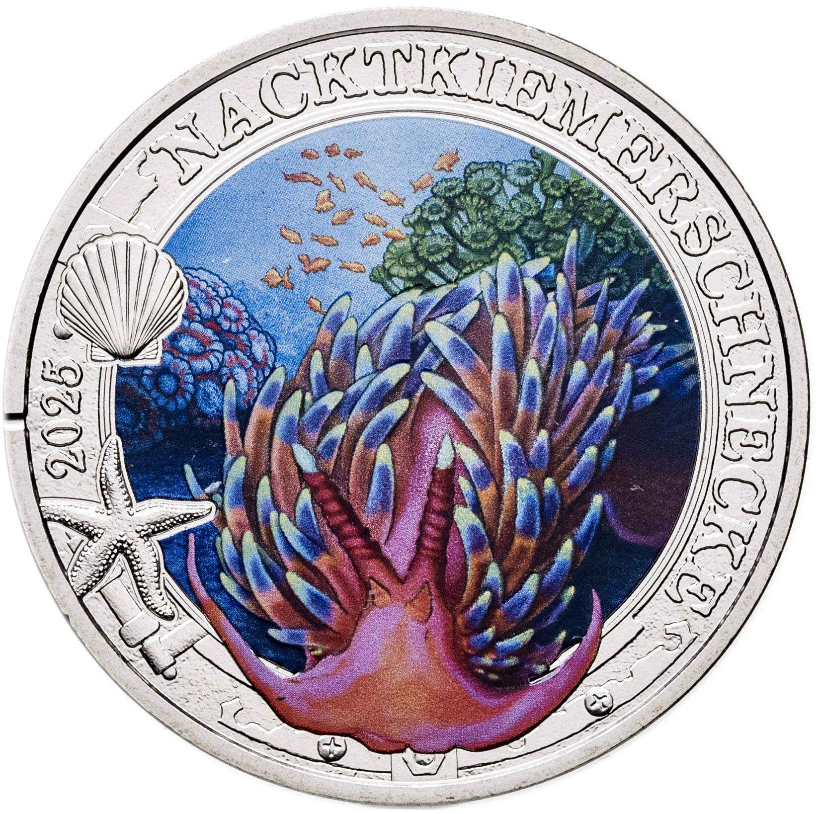 Австрия 3 евро 2025 "Светящаяся морская жизнь - Голожаберный моллюск", Мельхиор медь-никель, в сохранности UNC