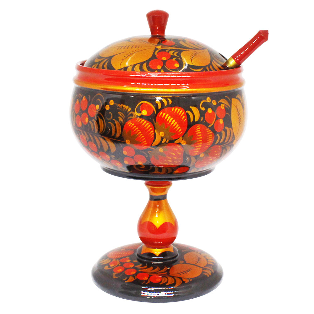 Деревянная сахарница на ножке, с ложкой "Хохлома", (Ручная роспись)