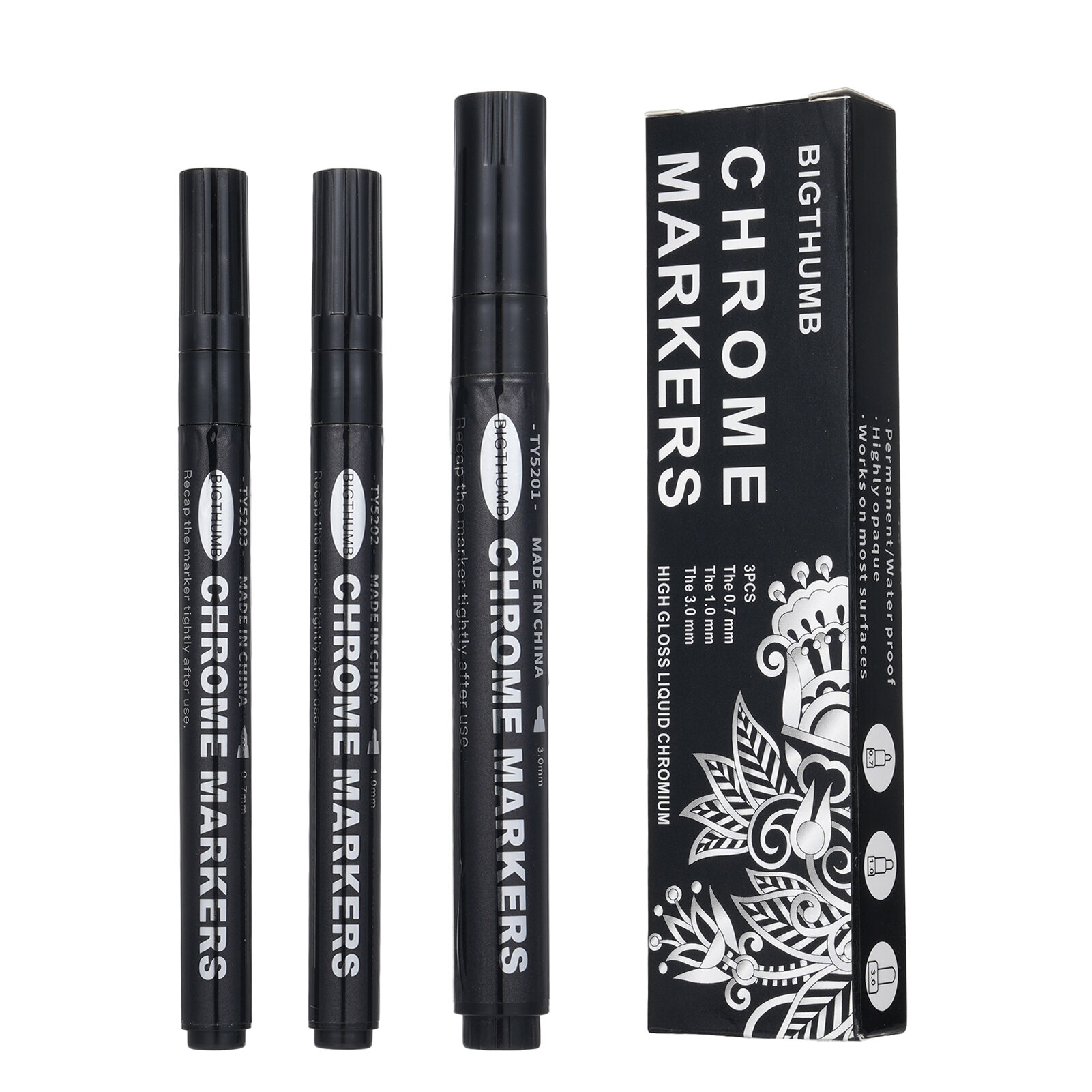 3Pack Маркеры для зеркальной поверхности Chrome Paint Pen Размеры 0.7mm, 1mm, 3mm Цвета Золотой, Серебряный, Медный Для моделей, карт, плакатов, рисования на камнях, кружек, керамики, стекла, пластика Пакетный размер 14.5x3.7x1.6cm Вес 50g Пакетный