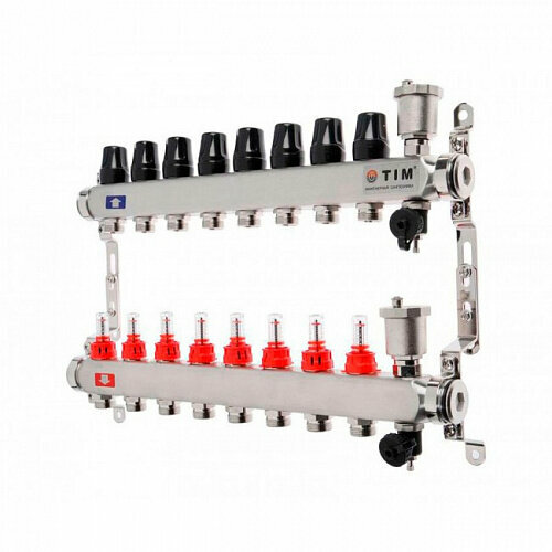 Коллектор из нержавеющей стали для теплого пола, 8 выходов TIM, арт. KCS5008