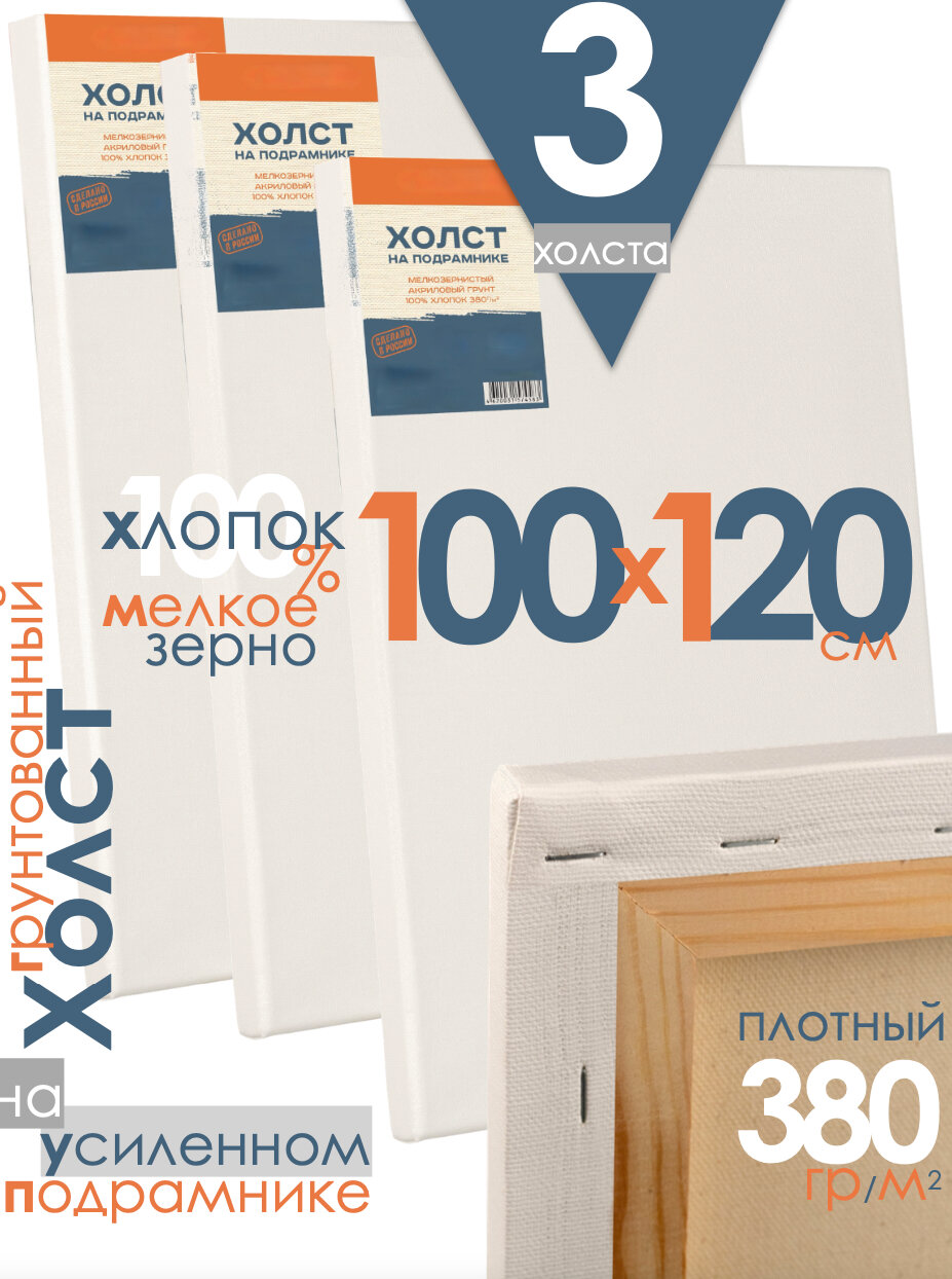 Холст на подрамнике100х120 см, Комплект 3 шт, хлопок Пинакс, мелкозернистый, 380 гр/м2, артикул SF-ХПХ100120-03