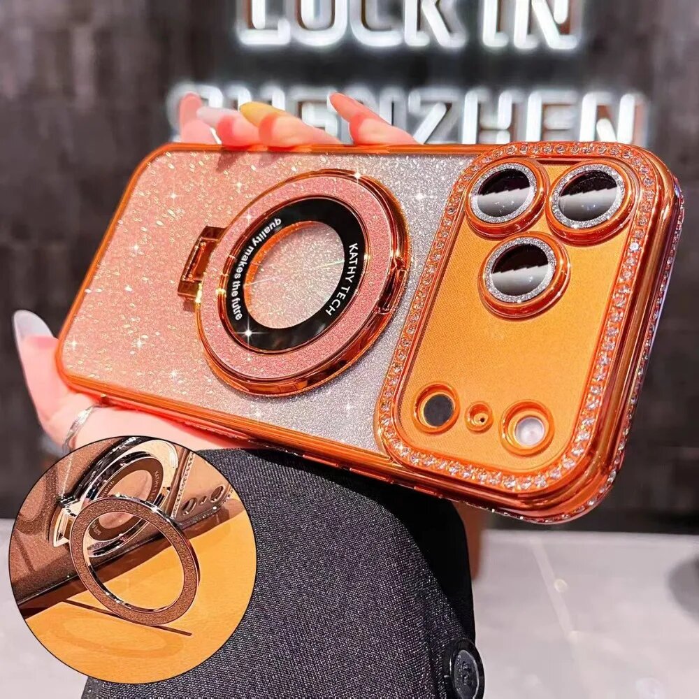 Подходит для iPhone 17/16/15/14/13/12/11 чехол с пленкой для объектива 16, защита от падения 15, блестящая магнитная подставка со стразами Айфон 12 Про Макс, Оранжевый