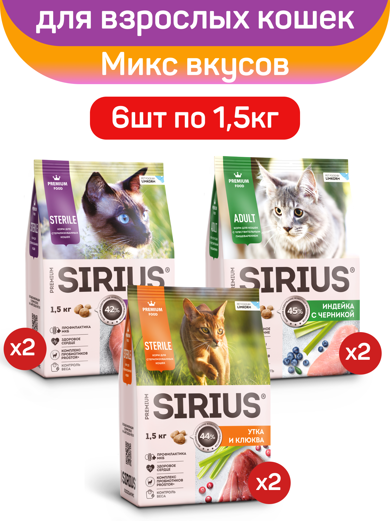 Сухой корм сириус SIRIUS PREMIUM для кошек: индейка с черникой, утка и клюква, индейка и курица, 6 шт по 1.5 кг