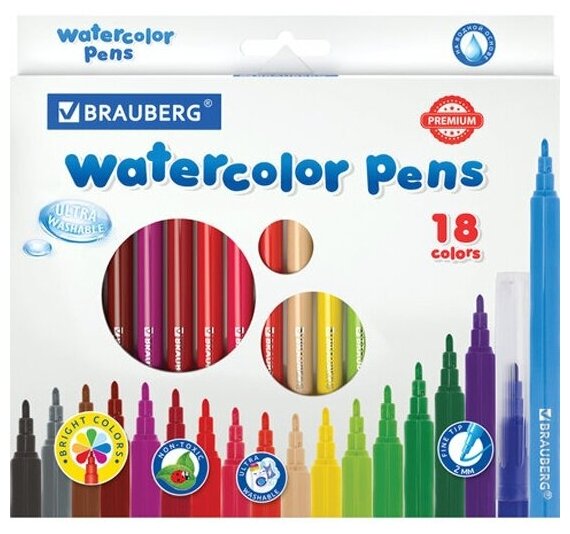 Фломастеры Brauberg "PREMIUM", 18 цветов, ультрасмываемые, классические, вентилируемый колпачок, картонная коробка с европодвесом