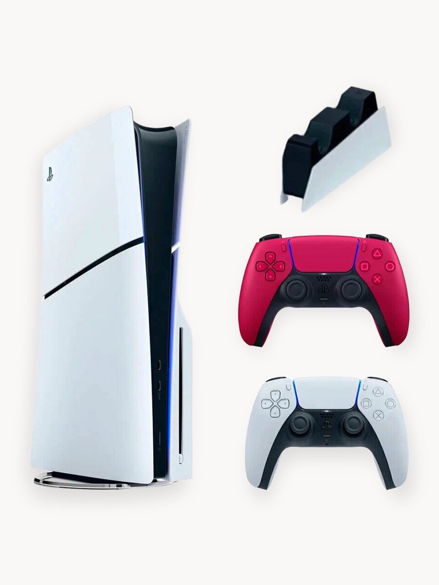 Игровая приставка Sony PlayStation 5 Slim, с дисководом, 1 ТБ, 2-й геймпад красный + зарядная станция