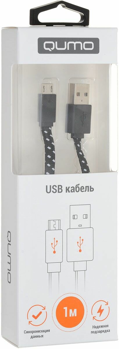 Кабель Qumo USB-Micro USB, плоский, оплетка, PVC, 1м, черный