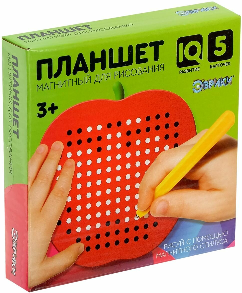 Обучающий магнитный планшет для рисования шариками "Маленькое яблоко", 142 отверстия, 5 карточек-шаблонов + магнитная ручка-стилус, цвет красный