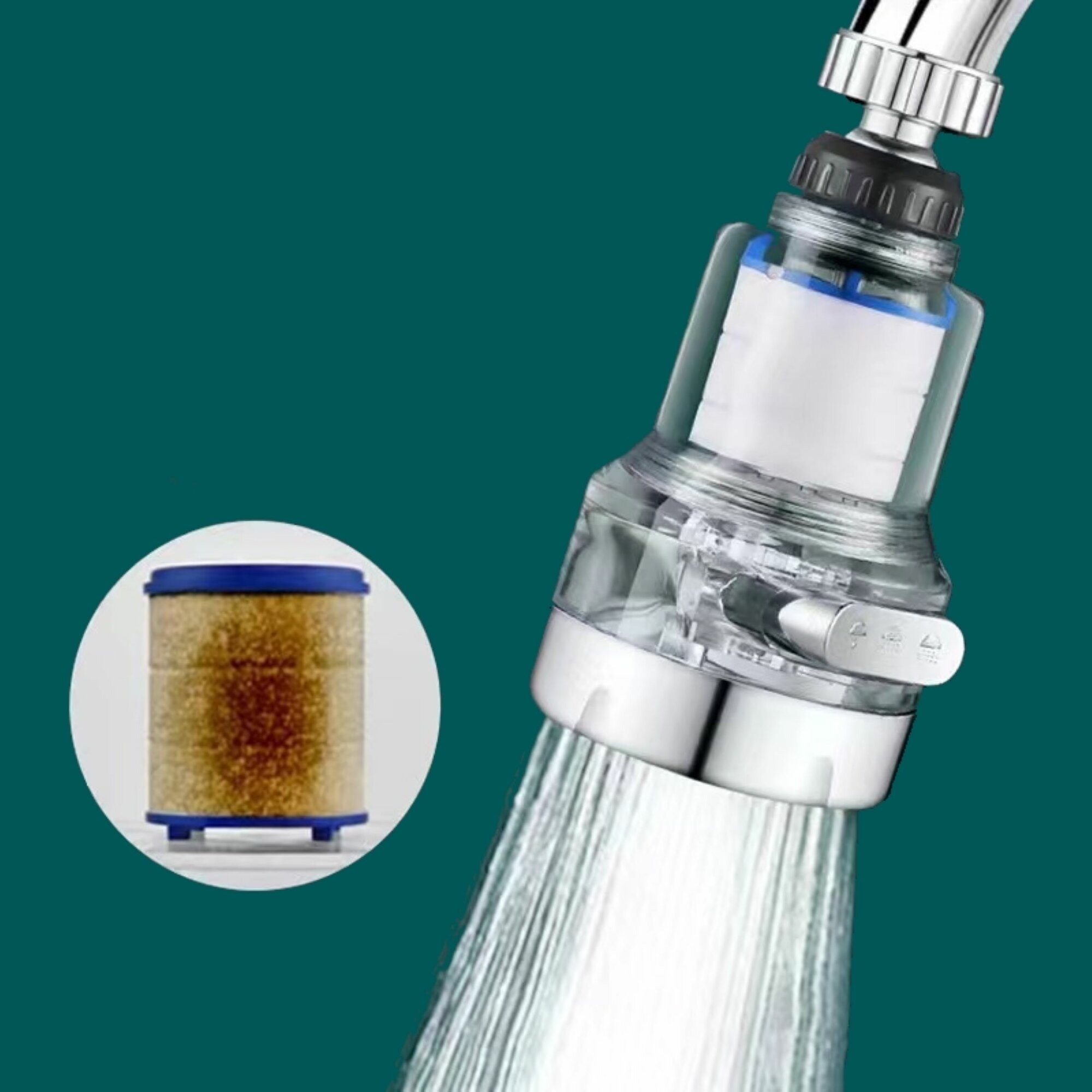 Фильтр-насадка на кран, поворотный аэратор с картриджем для очистки воды, 3 режима Vanhausen VN05.150.000, хром