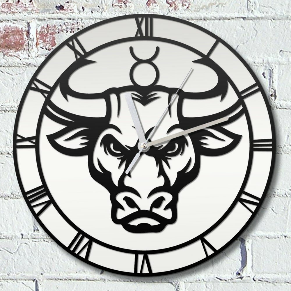 Настенные деревянные бесшумные часы эстетика Телец (знак зодиака, астрология, эзотерика, бык) - 5120